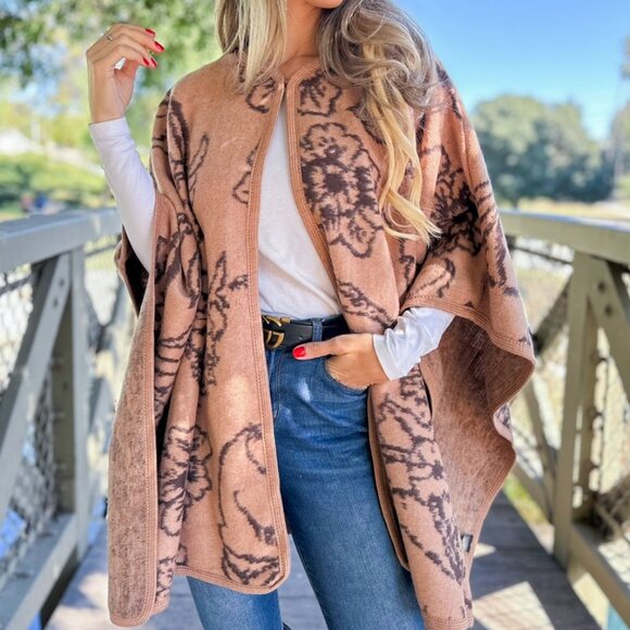 Sunset And Shores | Tops | A23 Elegant Camel Floral Print Cape Shawl ...